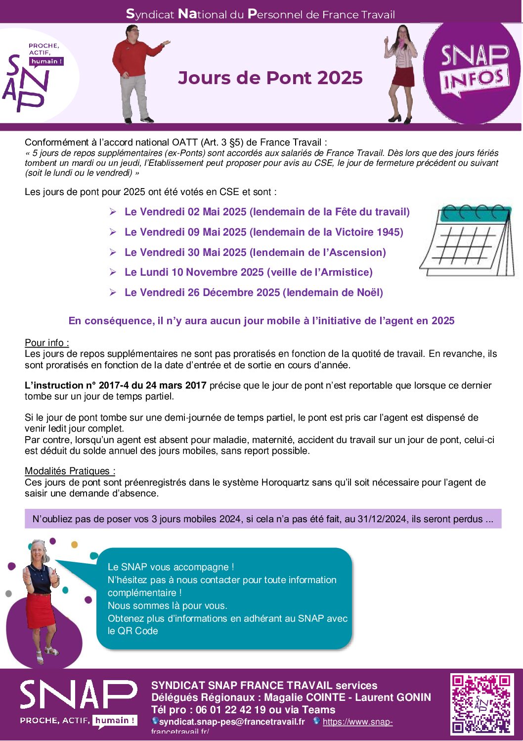 Jours de pont 2025 - SNAP France Travail